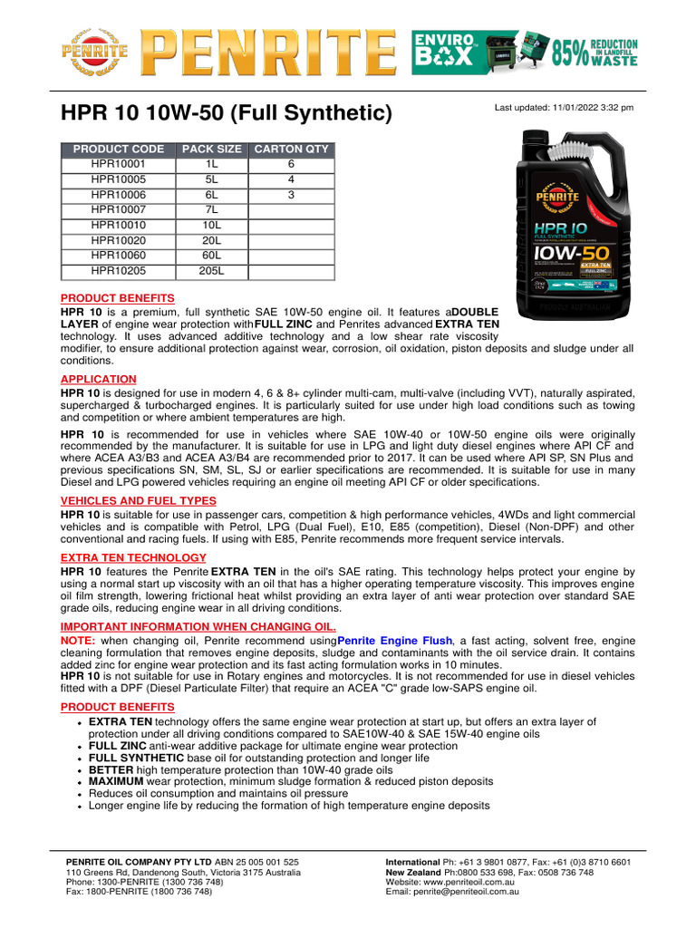 HPR 10 10W-50 (Full Synthetic) | PDF | Motor Oil | Propulsion