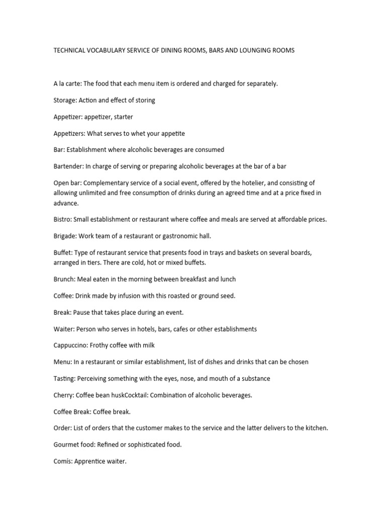 Dining Room Vocabulary Guide | PDF | Restaurants | Tableware