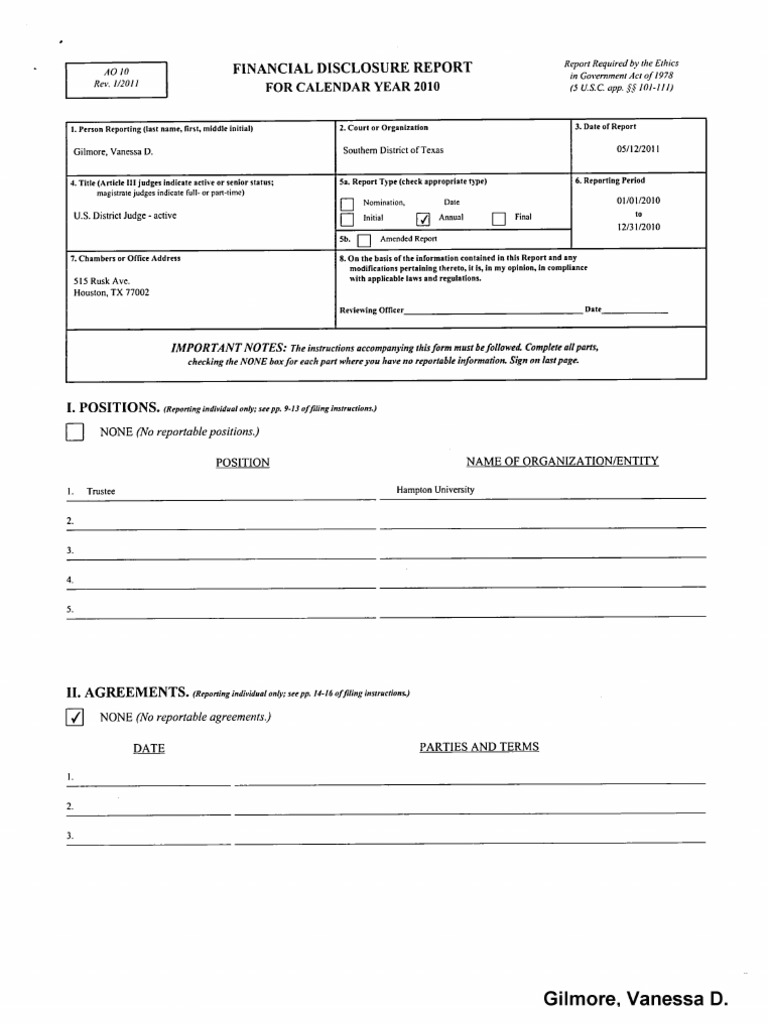 2010 Financial Disclosure Report: Vanessa Gilmore | PDF | Law