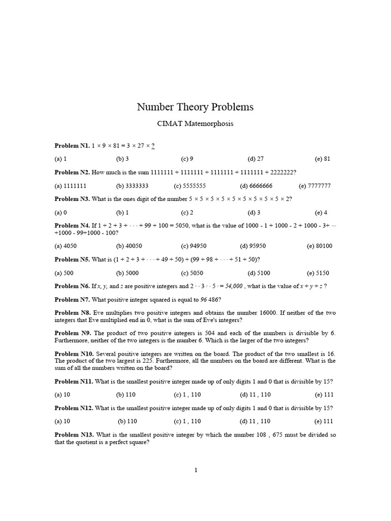 01 Number Theories Problems | PDF | Number Theory | Numbers