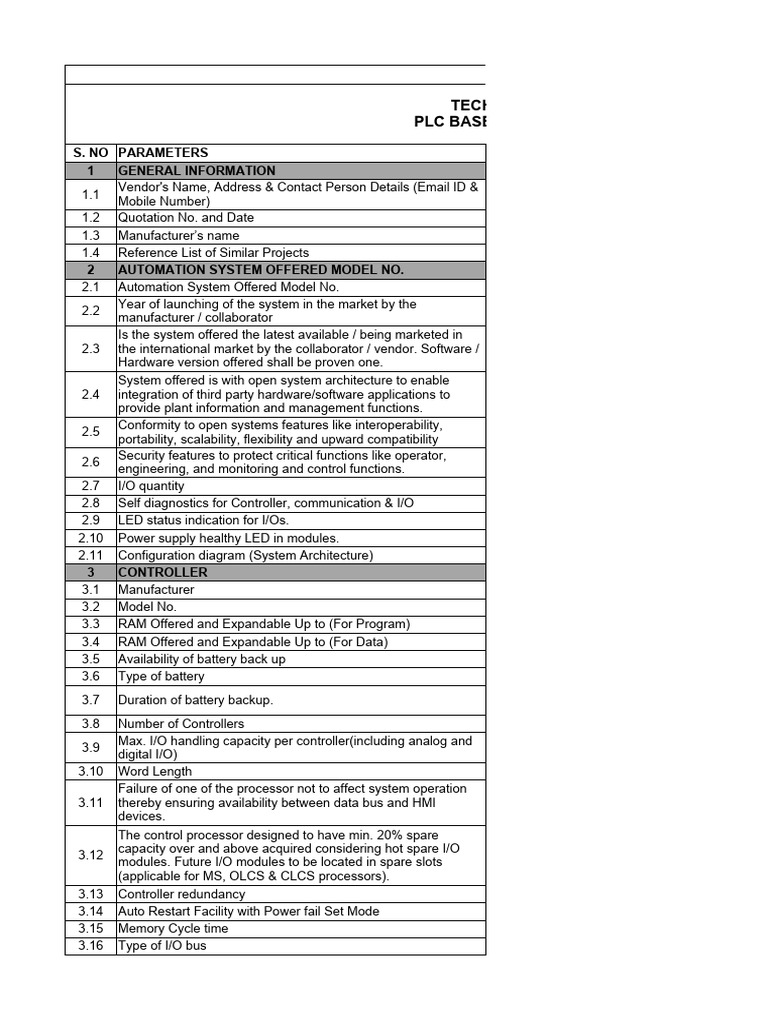 S. No Parameters 1 General Information: Annexure-3 (PLC) Technical Data Sheet PLC Based ...