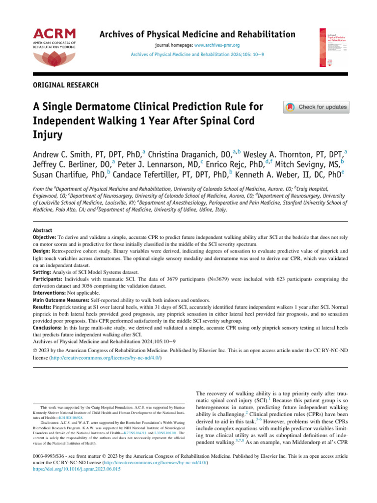 A Single Dermatome Clinical Prediction Rule For Independent Walking 1 ...