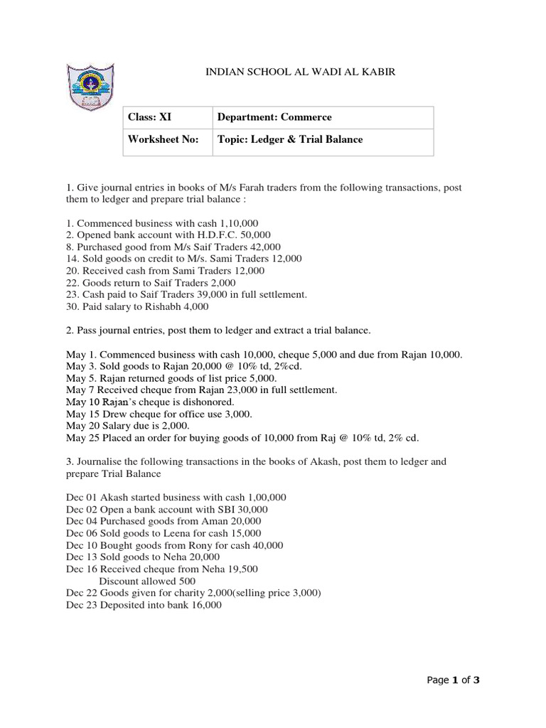 Class: XI Department: Commerce Worksheet No: Topic: Ledger & Trial ...