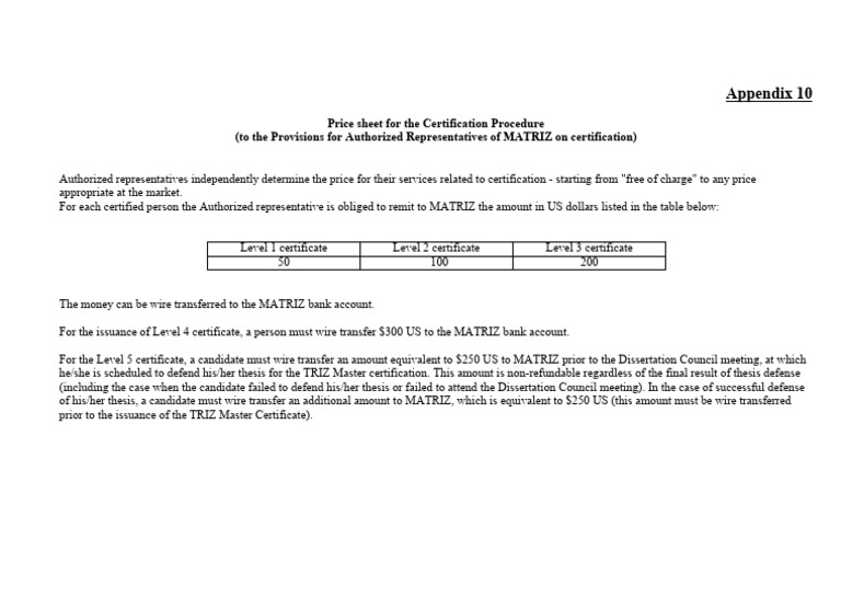 Appendix 10 Certification Price List 1 | PDF | Finance & Money Management