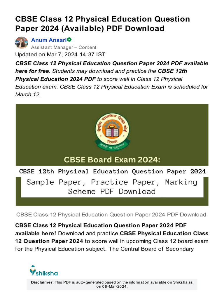 CBSE Class 12 Physical Education Question Paper 2024 (Available) PDF ...
