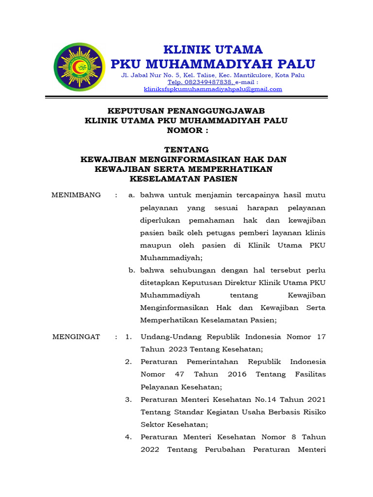 3.1.1.8. SK Kewajiban Menginformasikan Hak Dan Kewajiban Serta Memperhatikan Keselamatan Pasien ...