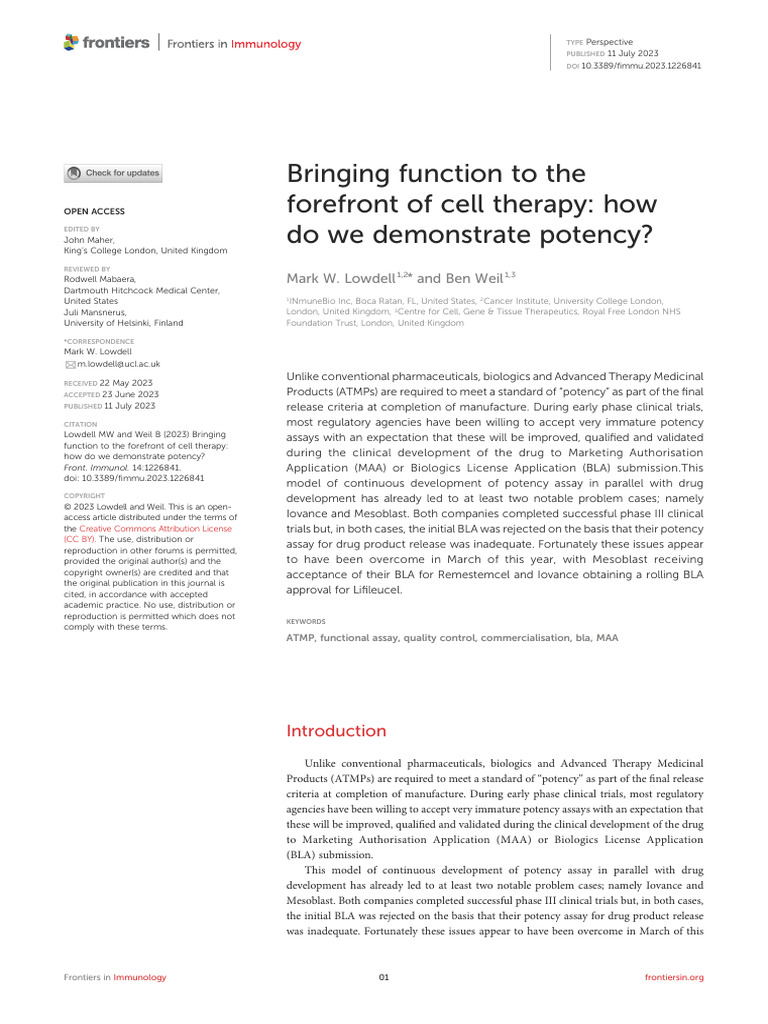 Bringing Function To The Forefront of Cell Therapy | PDF | Biopharmaceutical | Assay