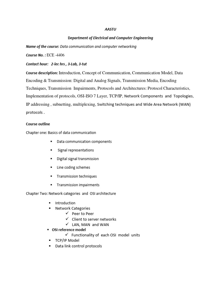 AASTU Course Outline Datacom &com Net | PDF | Computer Network ...