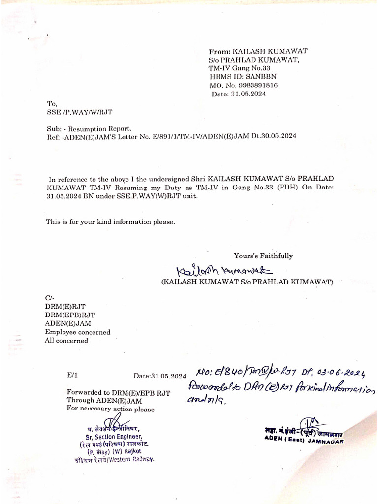 Resumption Report Kailash Kumawat West RJT | PDF