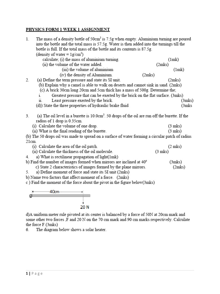 Physics Form 2 Week 1 Assignment | PDF | Density | Force