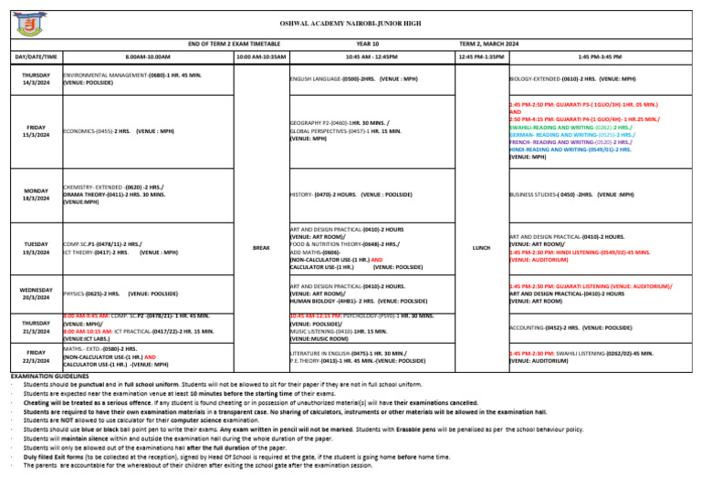Year 10 End Term 2 Exam Timetable | PDF