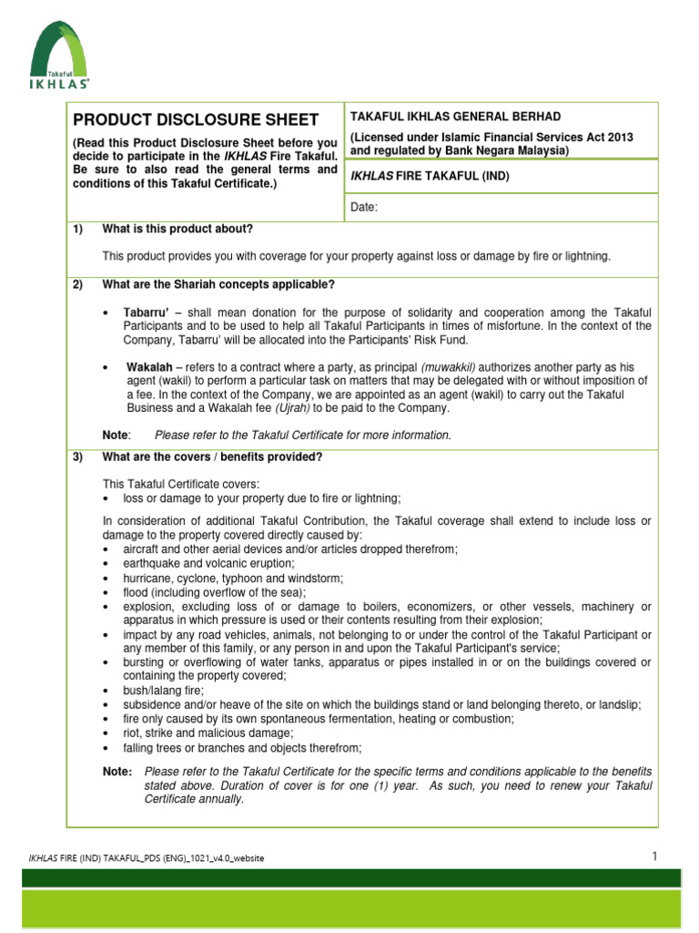 Ikhlas Fire Ind Takaful Pds Eng 1021 v4 0 Website 4b5935558b | PDF ...