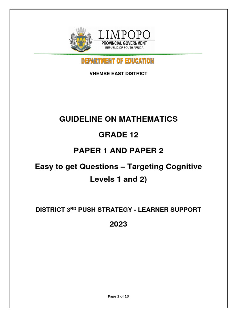 Guideline On Mathematics Grade 12 p1 and p2 - Easy To Get Question ...