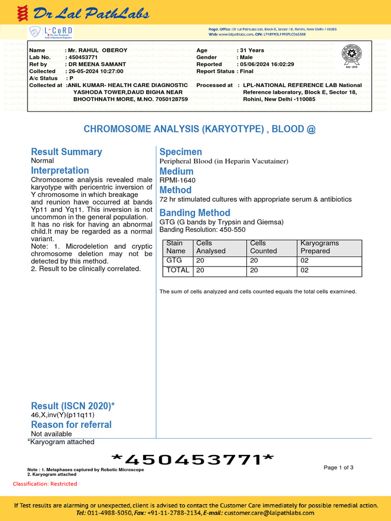 Karyotype Analysis Report for Male Patient | PDF | Karyotype | Medical ...