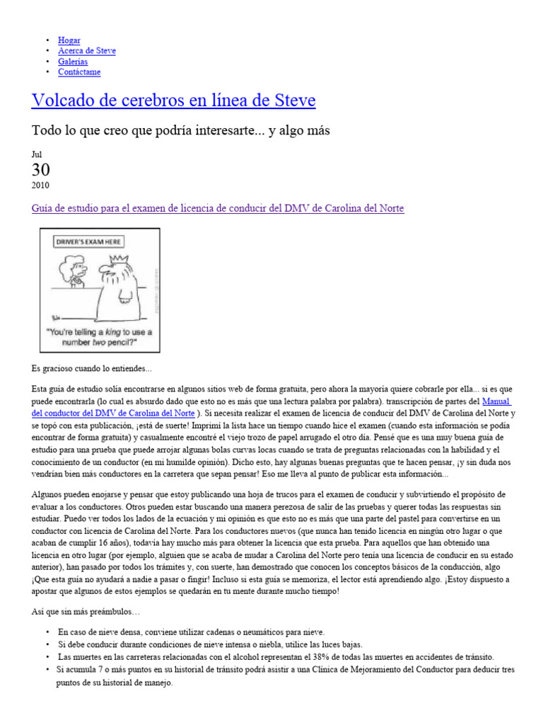 Guía de Estudio para La Prueba de Licencia de Conducir Del DMV de Carolina Del Norte Brain Dump ...
