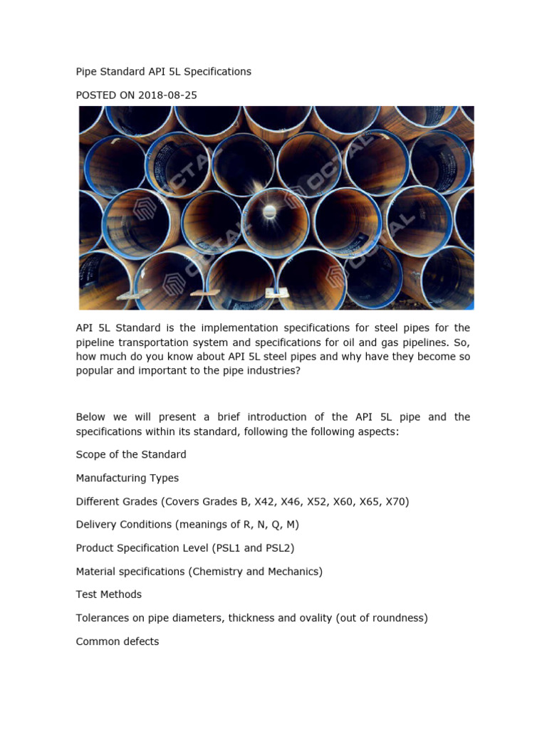 Pipe Standard API 5L Specifications | PDF | Pipe (Fluid Conveyance ...