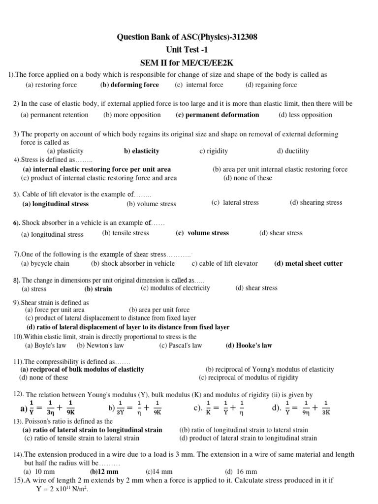 ASC Physics Unit Test Question Bank | PDF | Alloy | Young's Modulus