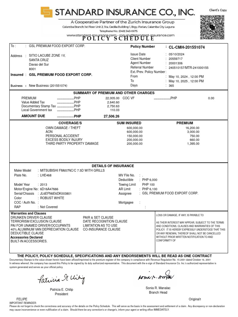 Insurance Policy Fao GSL Premium Food Export Corp. Lhe468 | PDF ...