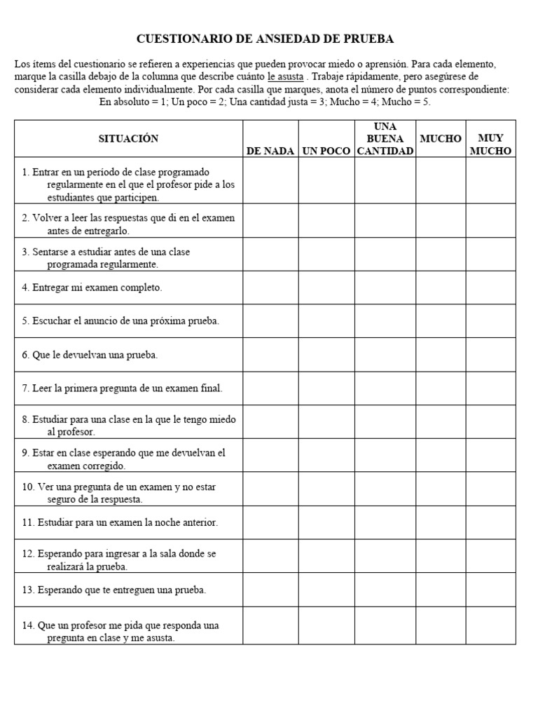 Cuestionario de Ansiedad Ante Los Exámenes | PDF | Ansiedad | Cuestionario