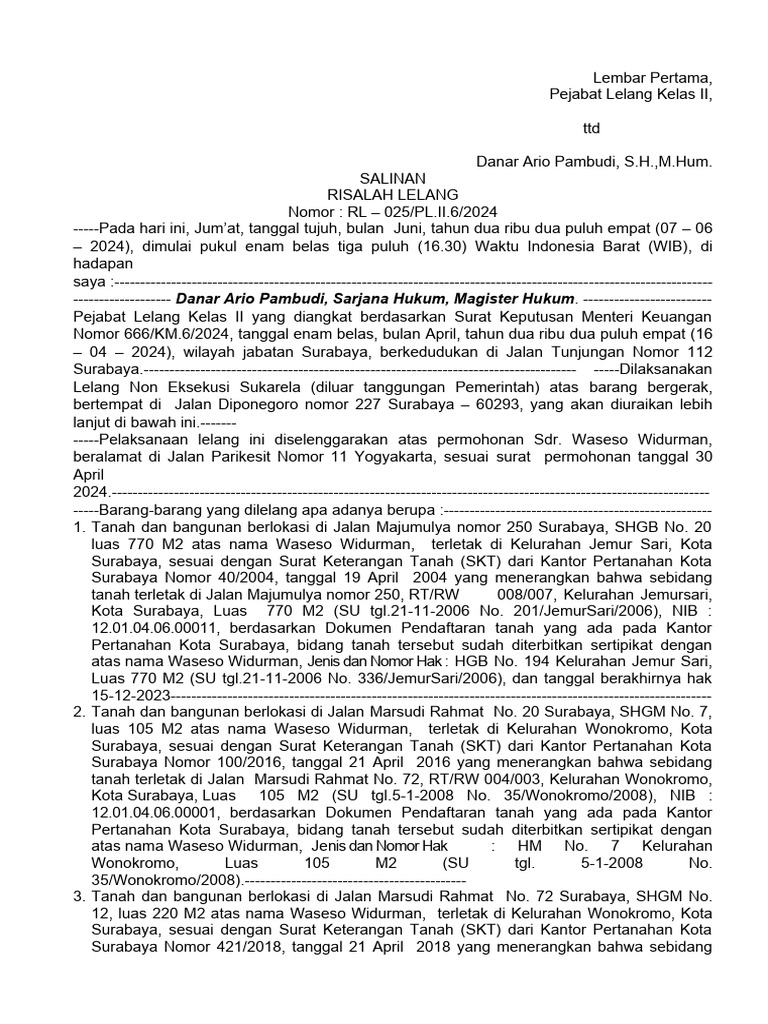 Contoh Risalah Lelang Benda Tak Bergerak | PDF