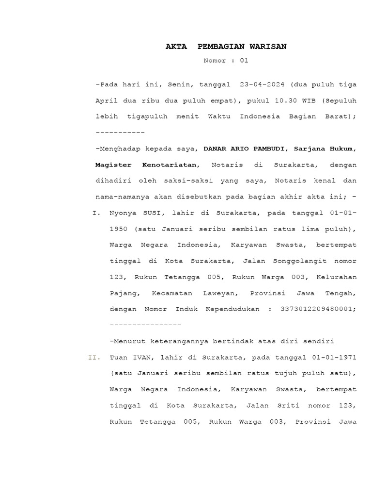 Contoh Akta Harta Waris | PDF