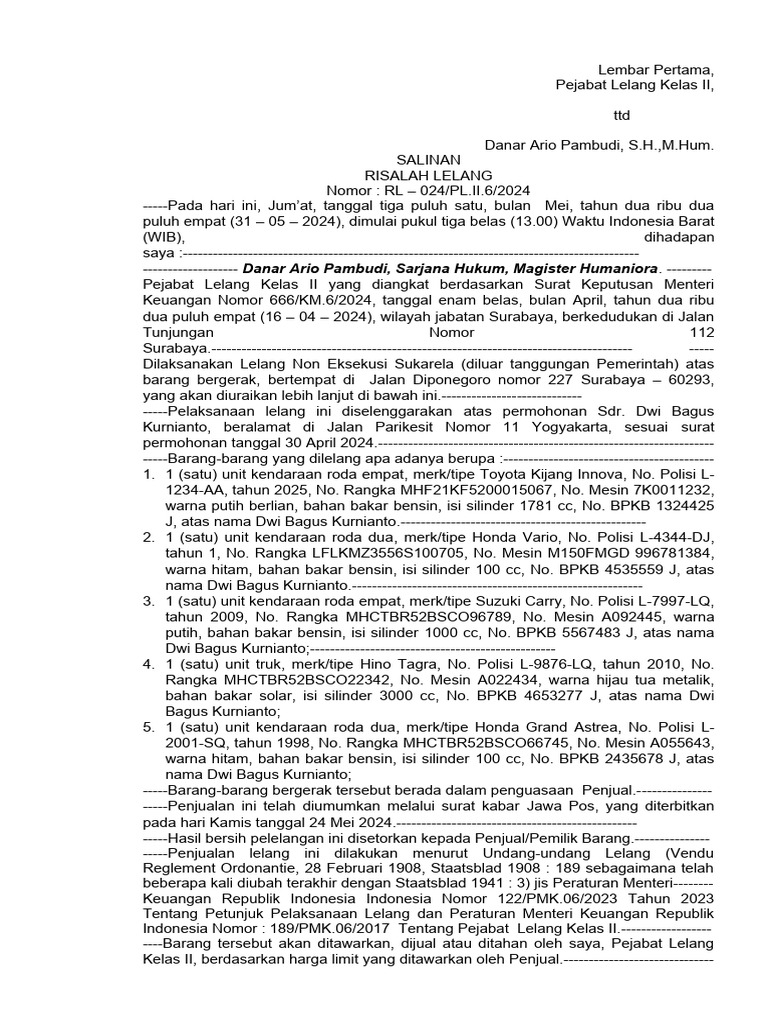 Contoh Risalah Lelang Barang Bergerak | PDF