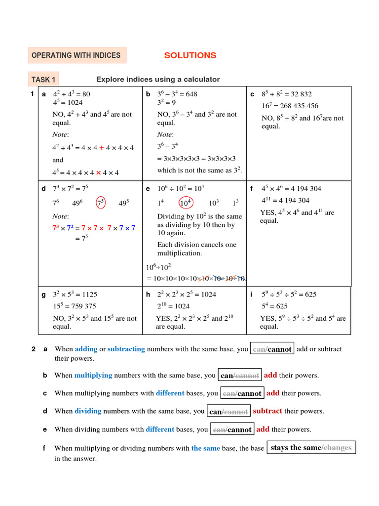 Operating With Indices SOLUTIONS | PDF | Multiplication | Exponentiation