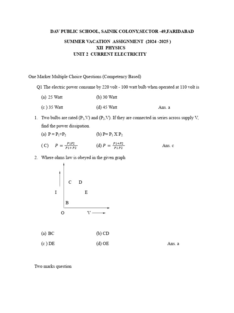 Xii Unit 2 Current Electricity Assignment | PDF | Electrical Resistance And Conductance ...
