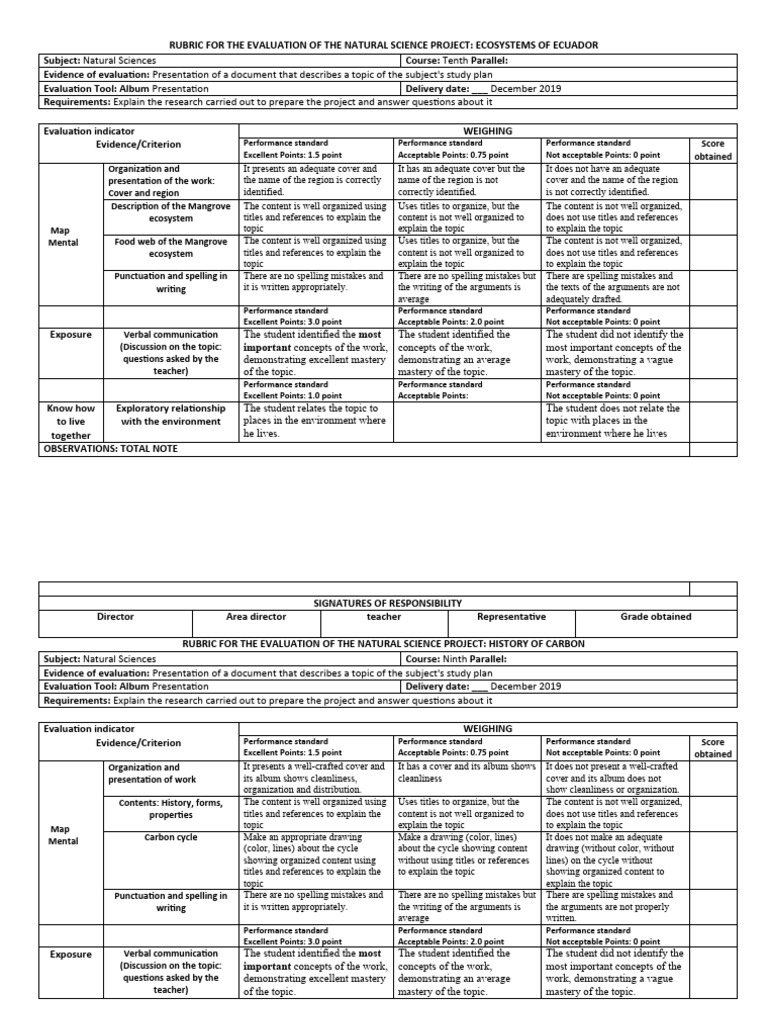 Rubric For The Evaluation of The Natural Sciences Project | PDF ...