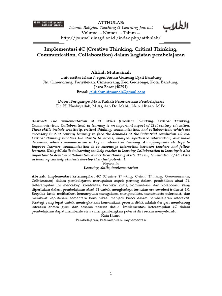 Implementasi 4C (Creative Thinking, Critical Thinking, Communication ...