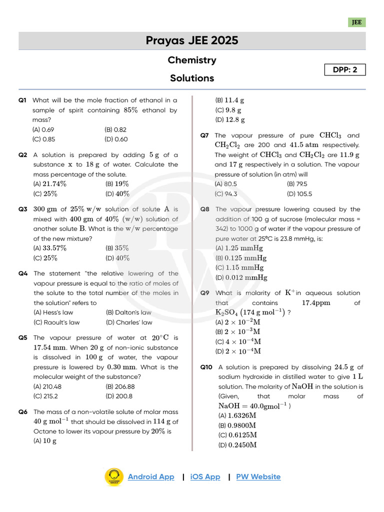 Solutions - DPP 02 (Of Lec 03) - Prayas JEE 2025 | PDF | Mass Fraction (Chemistry) | Mole (Unit)