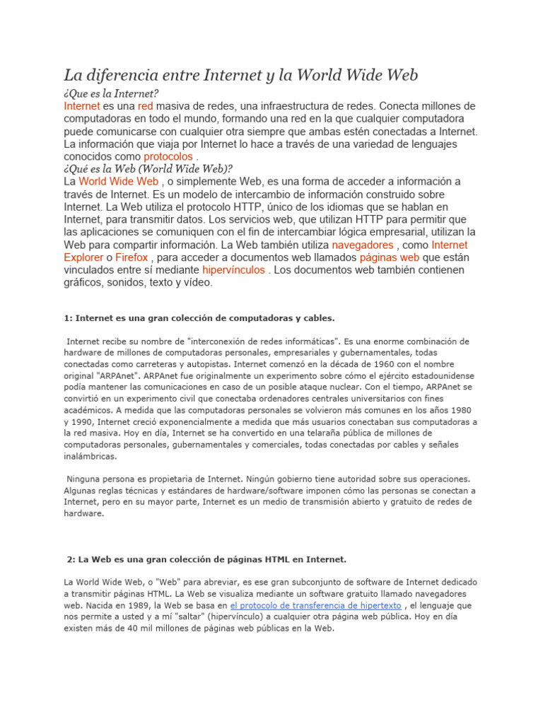 La Diferencia Entre Internet y La World Wide Web | PDF | Red mundial ...