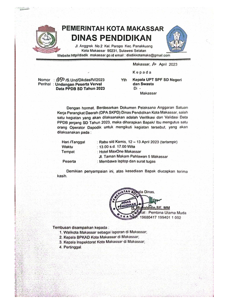 Undangan Peserta Verval Data PPDB SD TAHUN 2023 | PDF