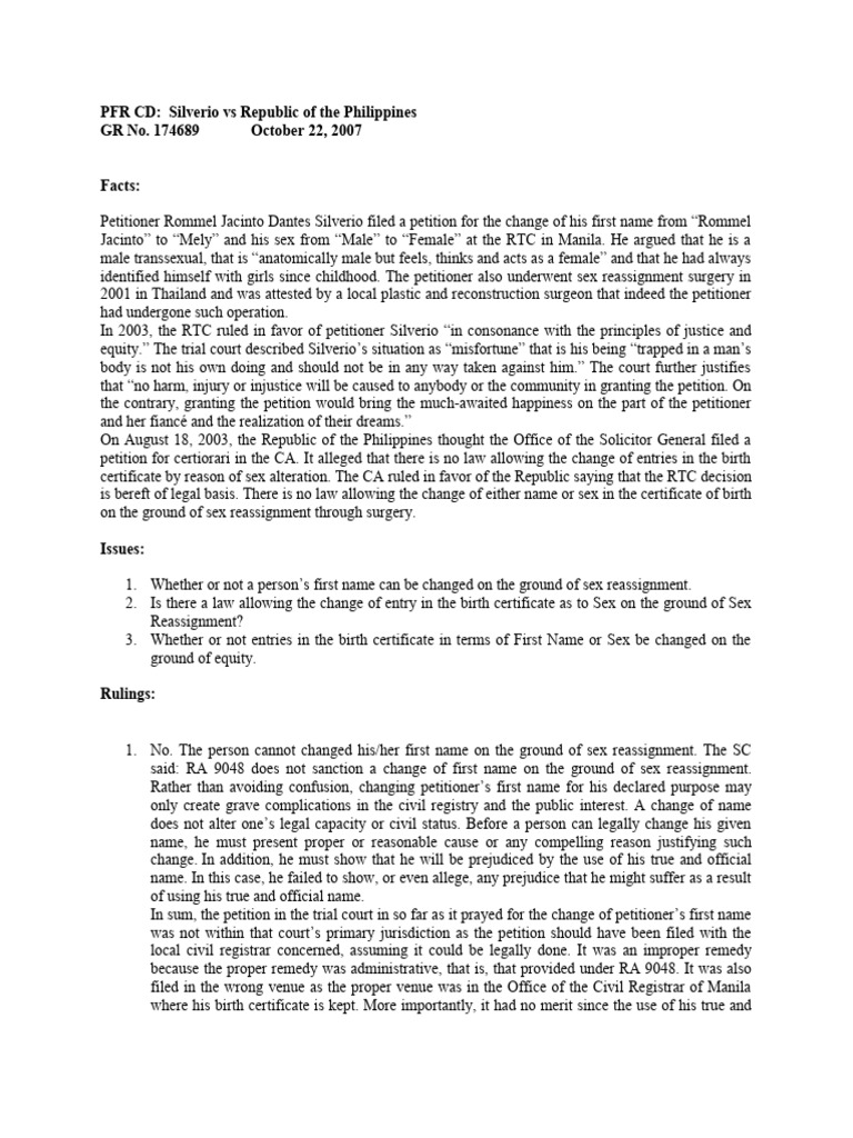PFR CD Silverio Vs Republic of The Philippines | PDF | Birth ...