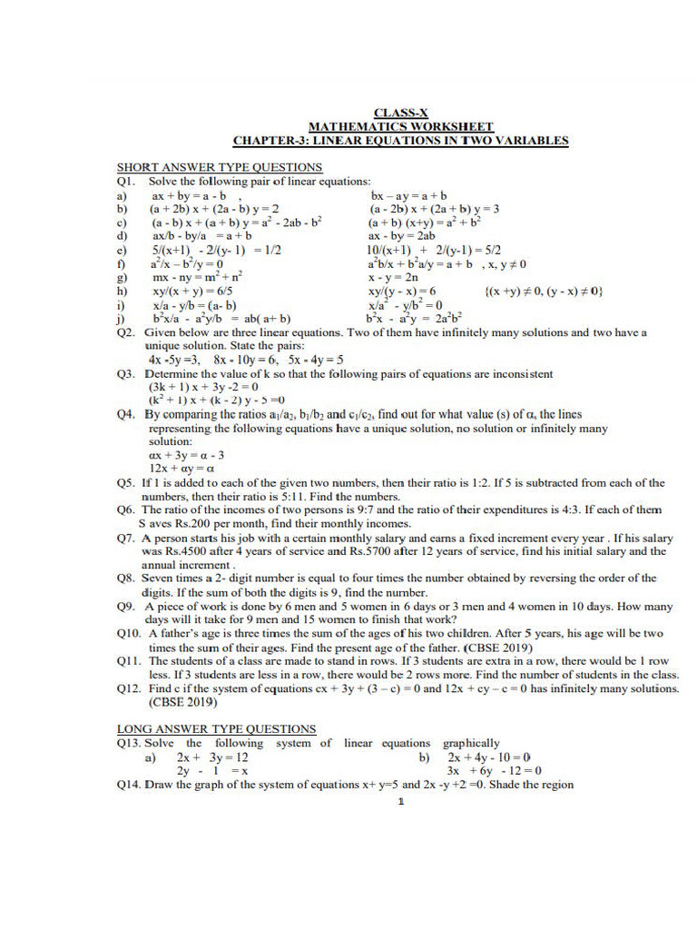 Linear Eq 2 Variable Class 10 | PDF