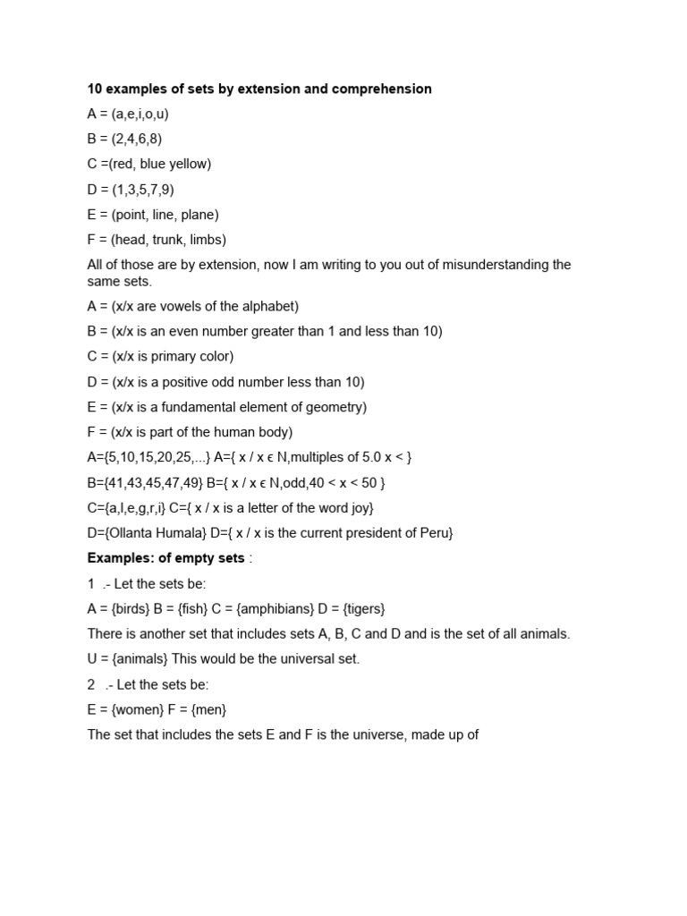 10 Examples of Sets For Extension and Comprehension | PDF | Set ...