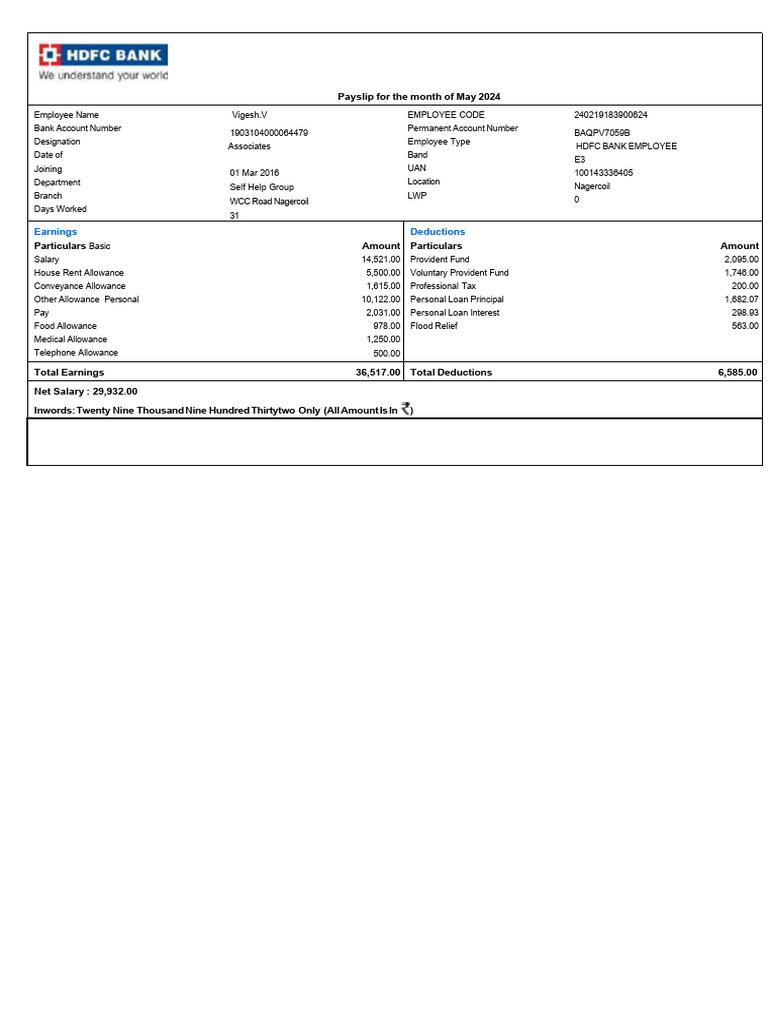 HDFC Bank May 2024 Payslip Summary | PDF | Economies | Personal Finance