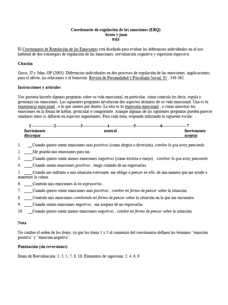 Cuestionario de Regulación de Las Emociones (ERQ) | PDF | Las emociones ...