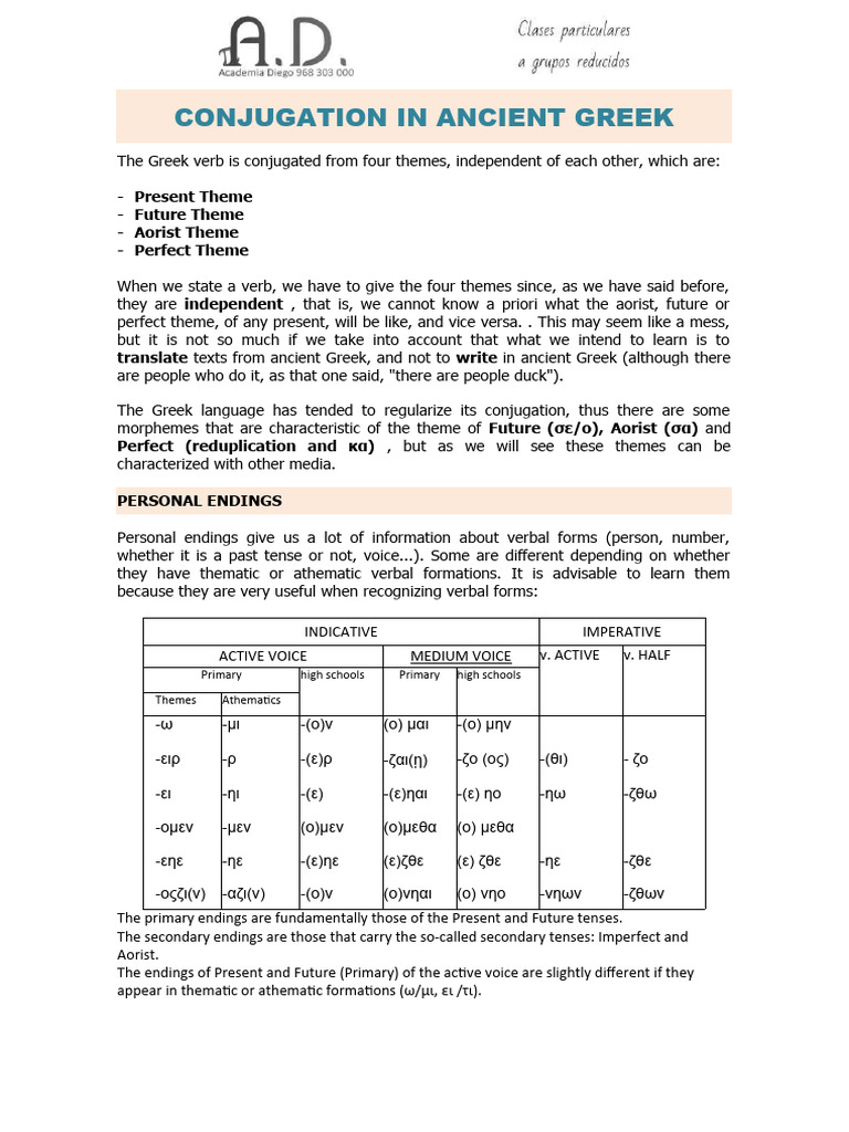 Ancient Greek Verb Conjugation Guide | PDF | Grammatical Conjugation ...