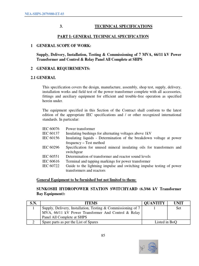 General Technical Specification | PDF | Transformer | Specification ...
