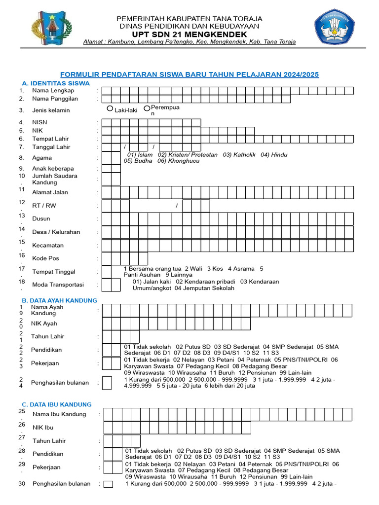 Formulir Pendaftaran PPDB 2024 (Panduanmengajar - Com) | PDF