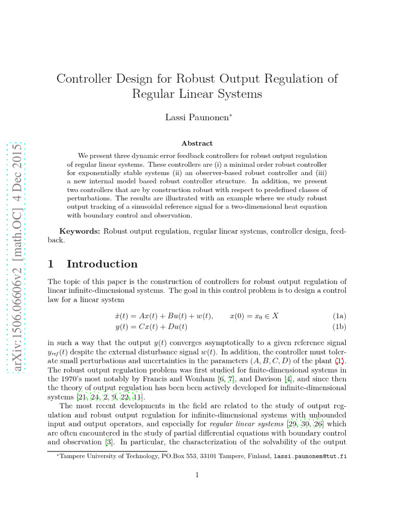 Controller Design For Robust Output Regulation of Regular Linear Systems | Download Free PDF ...