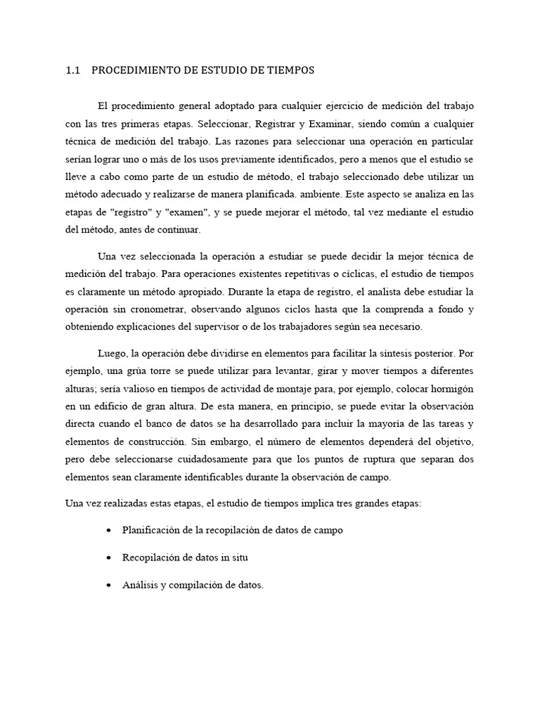 Procedimiento De Estudio De Tiempos Pdf Medición Hormigón