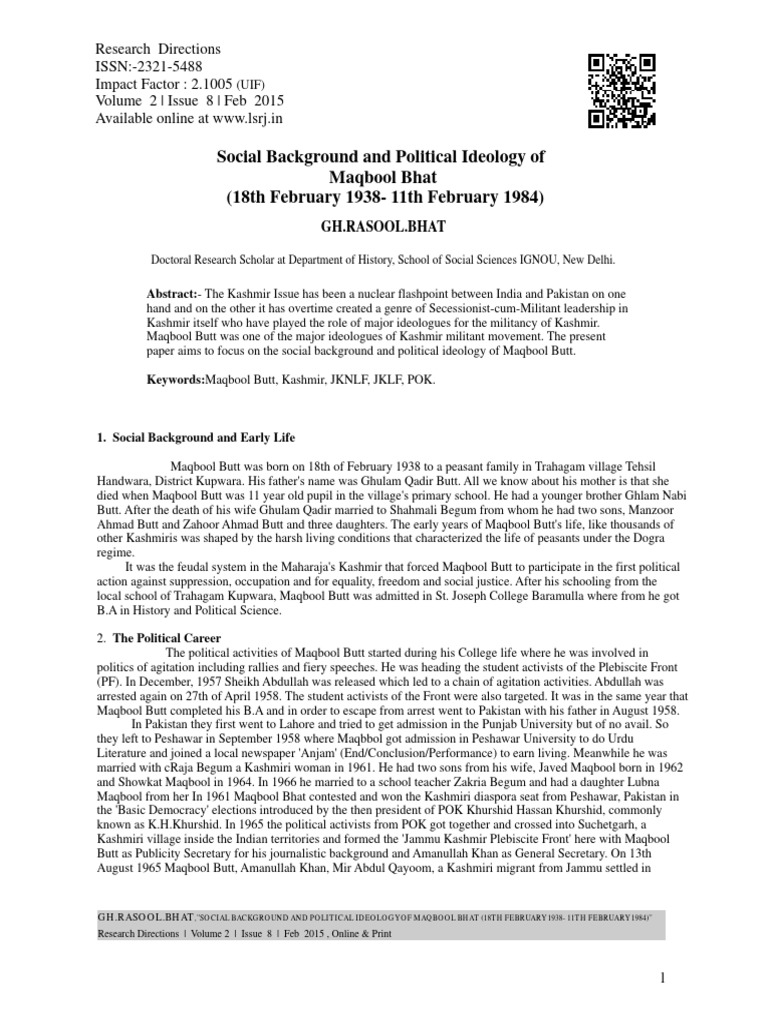 Social Background and Political Ideology of Maqbool Bhat (18th February ...