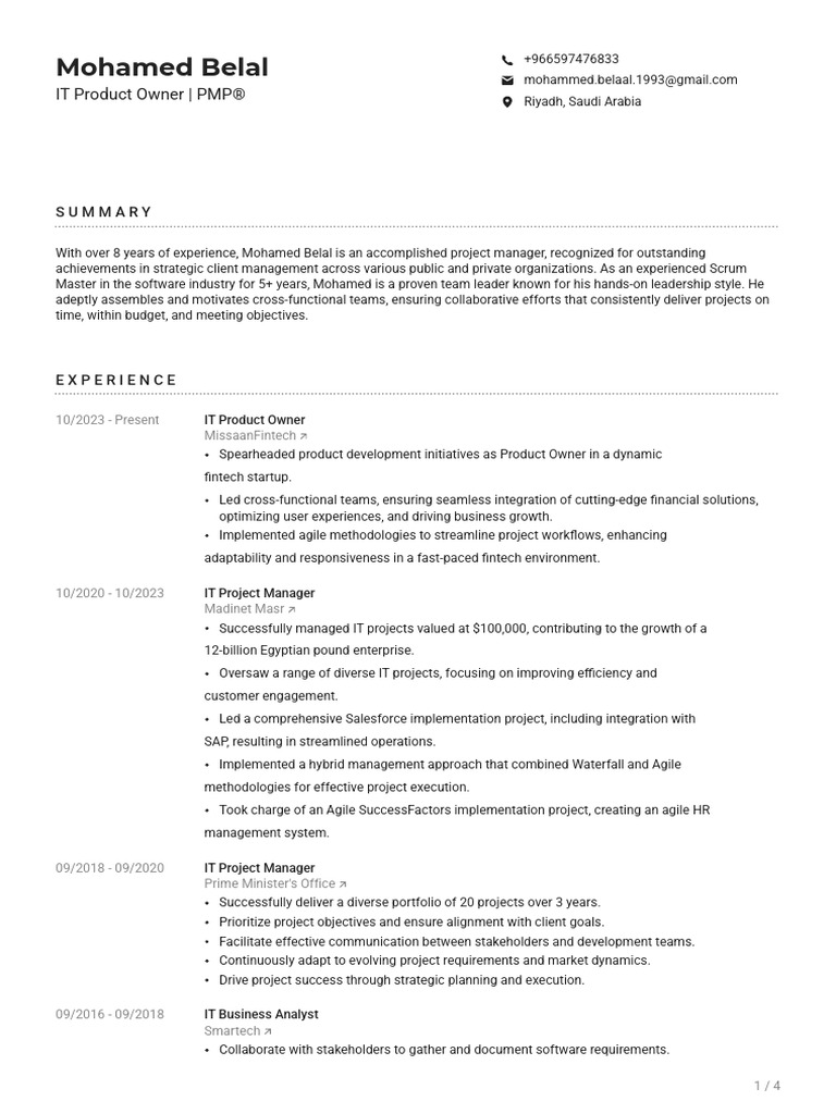 Mohamed Belal - IT Product Owner - PMP - CV - 240111 - 112314 | PDF ...
