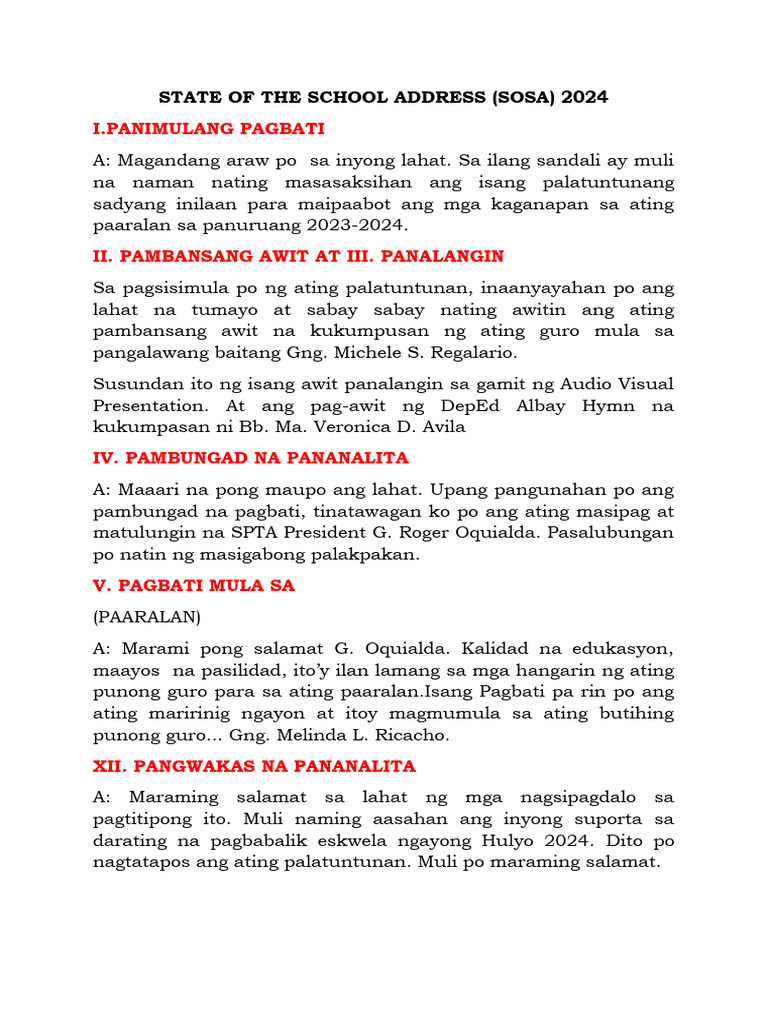 State of The School Address 2024 | PDF