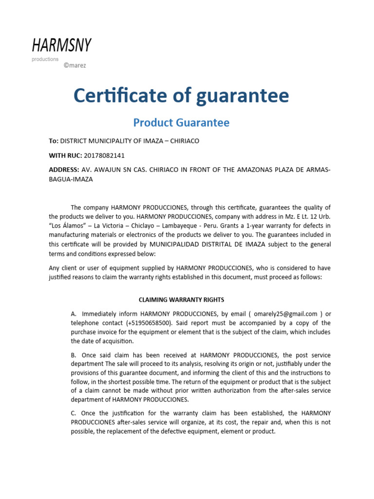 Sound Equipment Warranty Certificate | Download Free PDF | Private Law ...