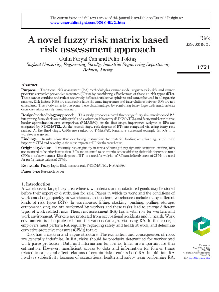 Can Et Al. (2018) A Novel Fuzzy Risk Matrix Based Risk Assessment Approach | Download Free PDF ...