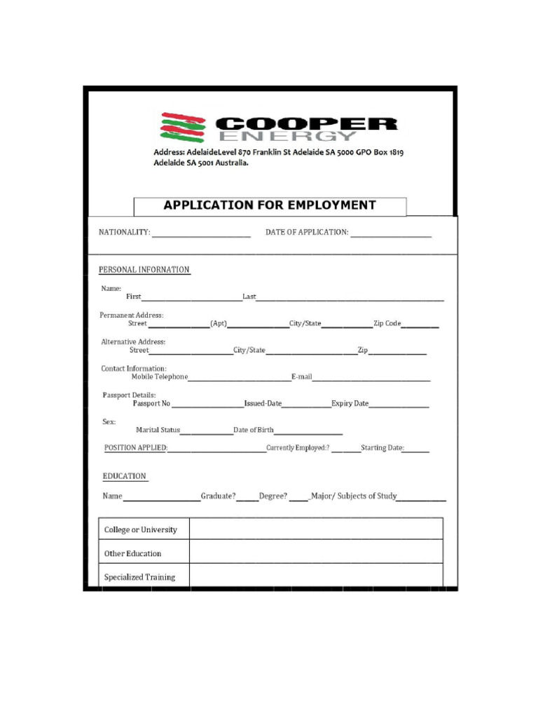 Cooper Energy Limited Employment Job Application Form | PDF