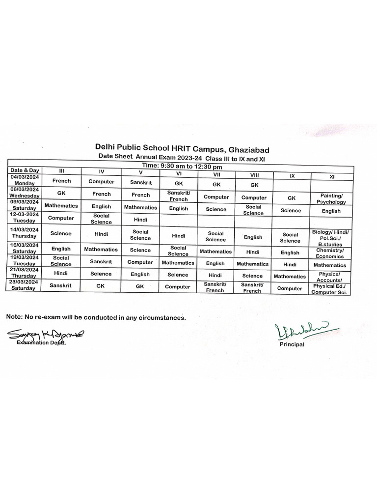 Annual Examination Date Sheet 2024 | PDF